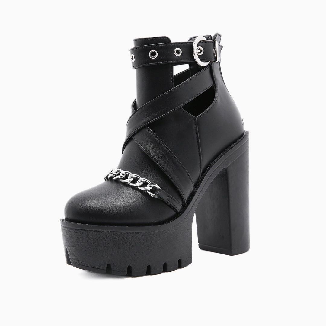 Cutout Chain Trim Chunky Heel Platform Boots - Black – JeeBas